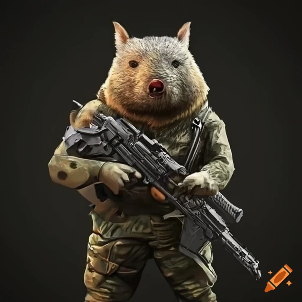 Anthropomorphic military wombat with a heavy machine gun on Craiyon