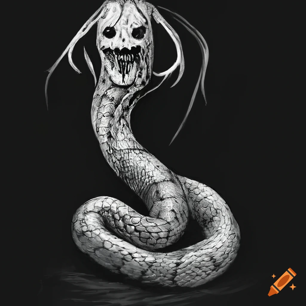 Monochromatic ghost snake artwork inspired by junji ito on Craiyon