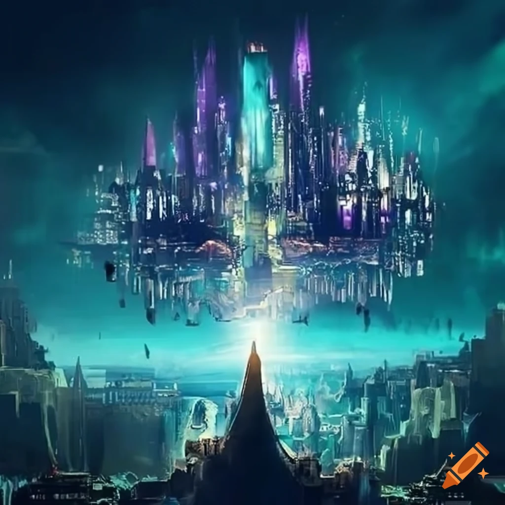 Fantasy flying city with magical barrier on Craiyon