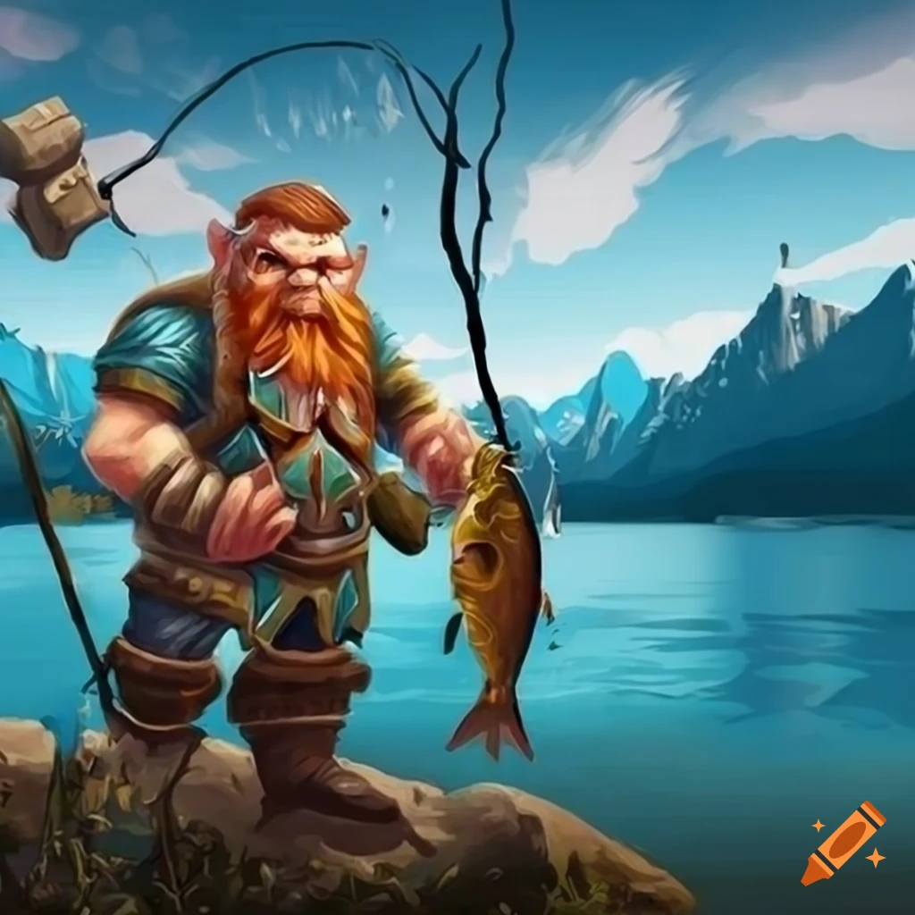 Dwarf fishing with mountains and a lake in the epic fantasy heroic ...