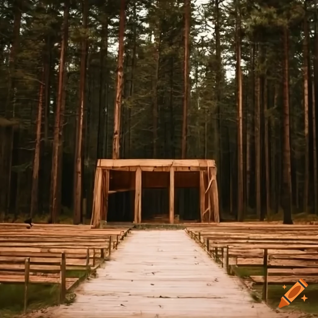 Pine forest with wooden stage for events on Craiyon