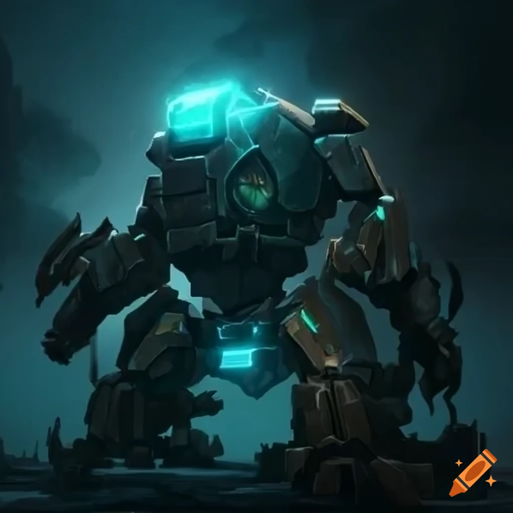 Detailed magic-infused mech in a dark, moody setting on Craiyon