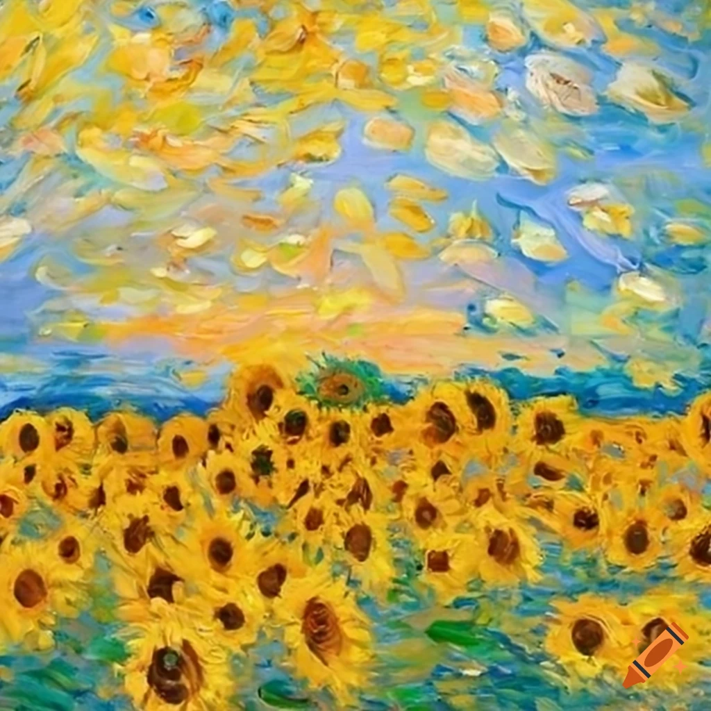 Impressionist painting of a field of sunflowers in the style of Monet ...