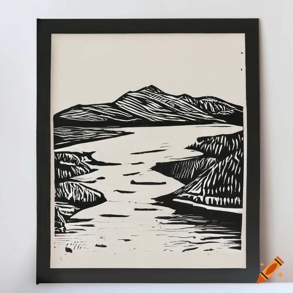Desert river depicted in black and white linocut print on Craiyon