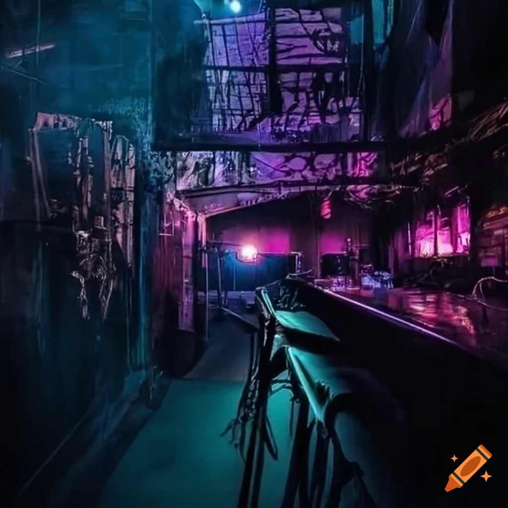 Grungy metal bar from the 90s with music instruments and a black bridge ...