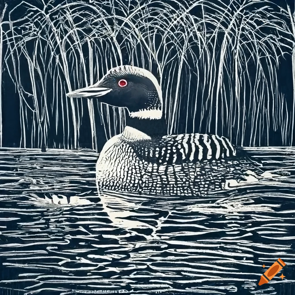 Intricate linocut art of a loon on a lake with water reeds and lilies ...