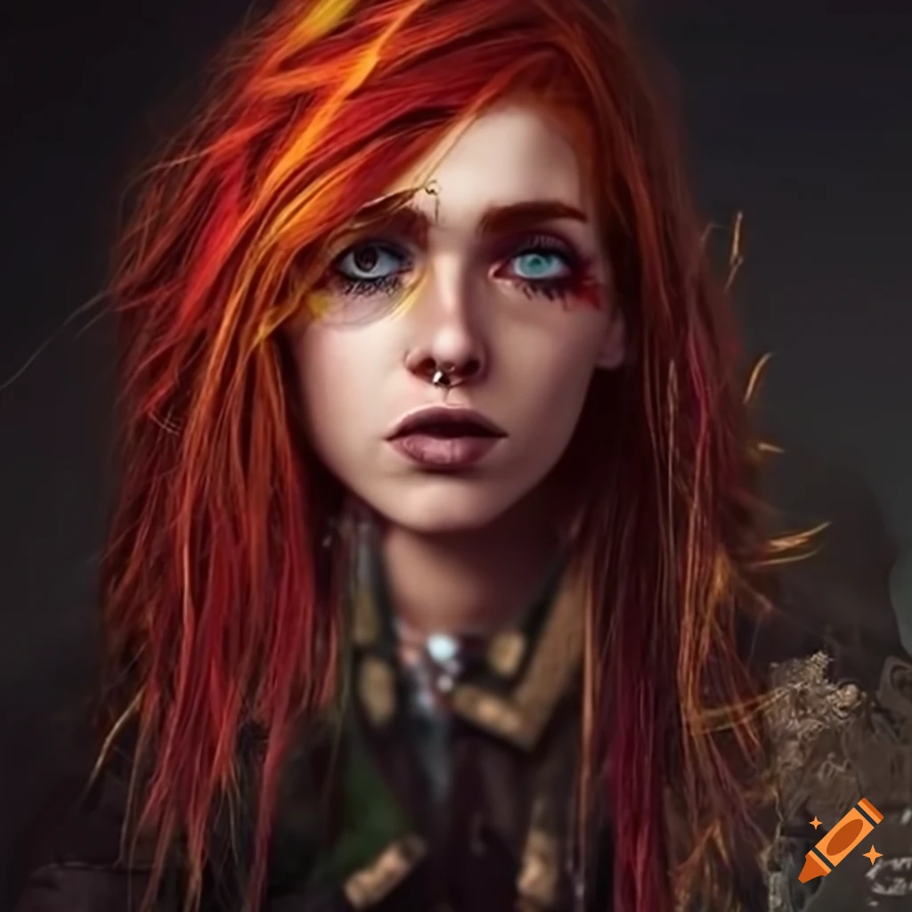 Young woman with vibrant red hair and piercing green eyes in a punk ...