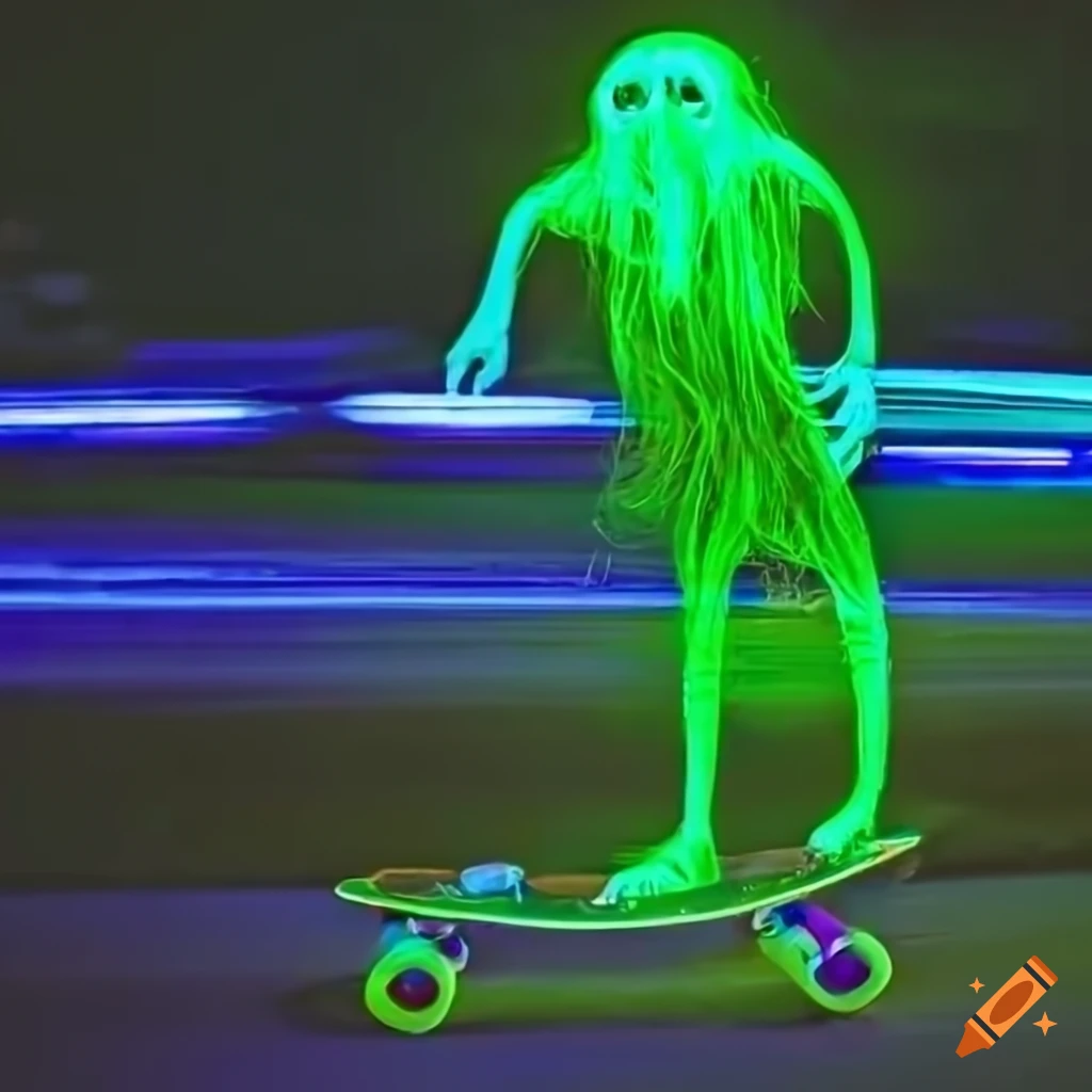 Glowing alien ghost skateboarding at night under a city street light on ...