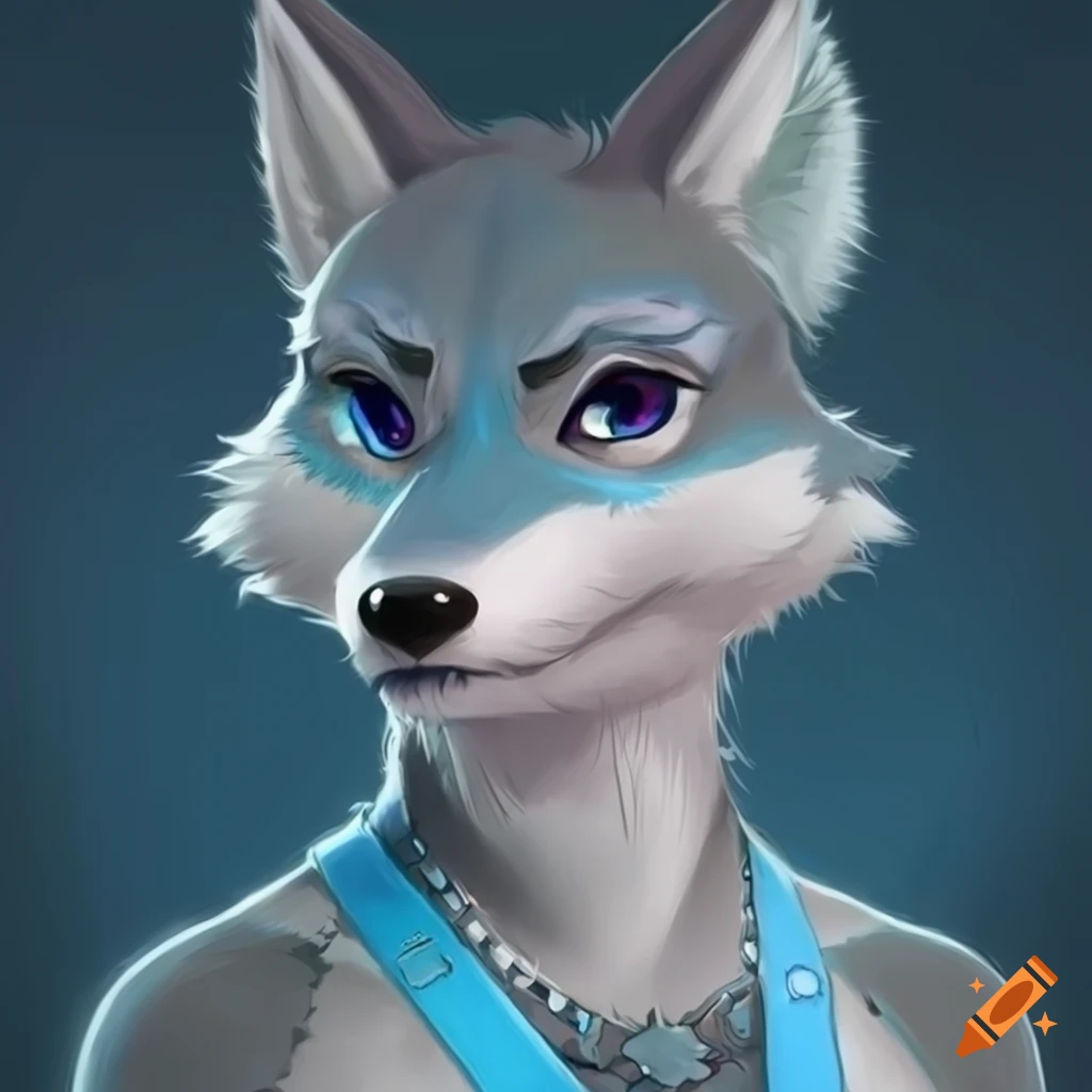 Anthropomorphic wolf character in a light blue harness on Craiyon