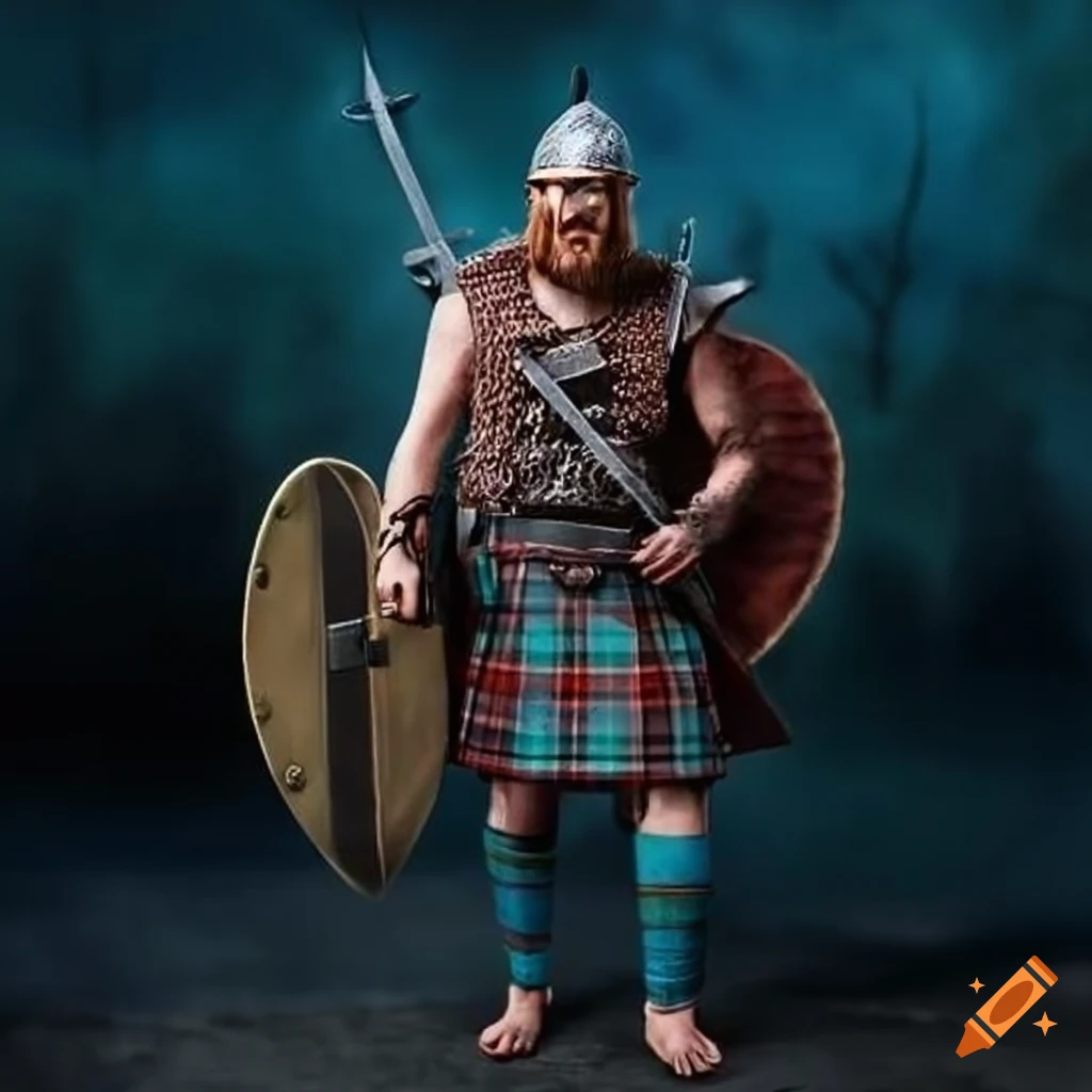 Scottish warrior in blue kilt with sword and shield on Craiyon