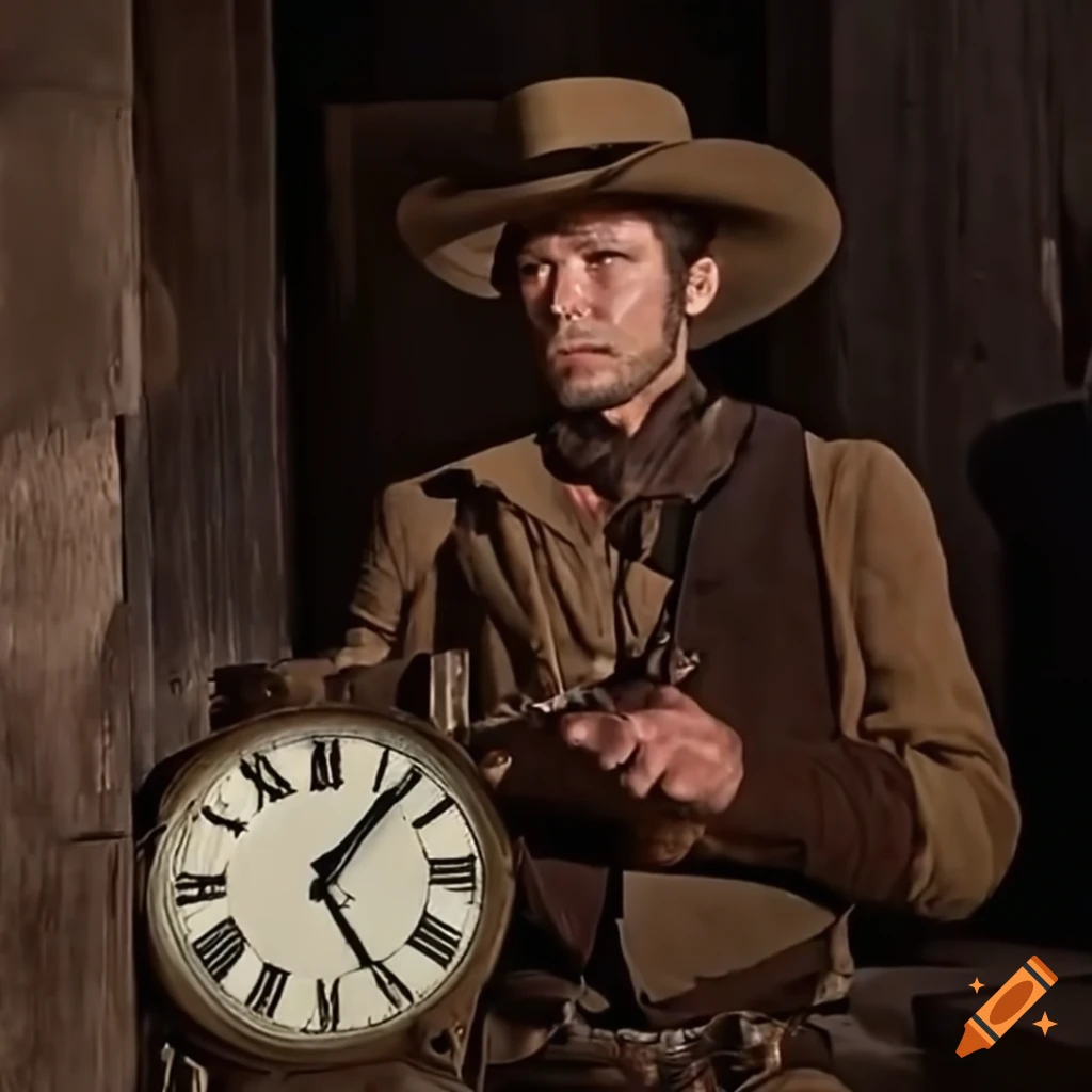 Duel scene from the western movie high noon with a clock in the street ...