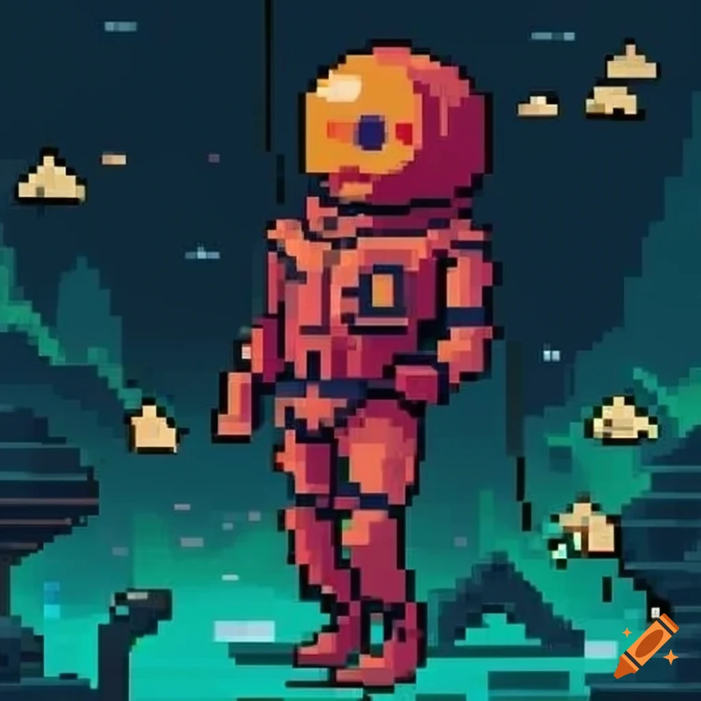 Pixel art of a man in a space suit on Craiyon