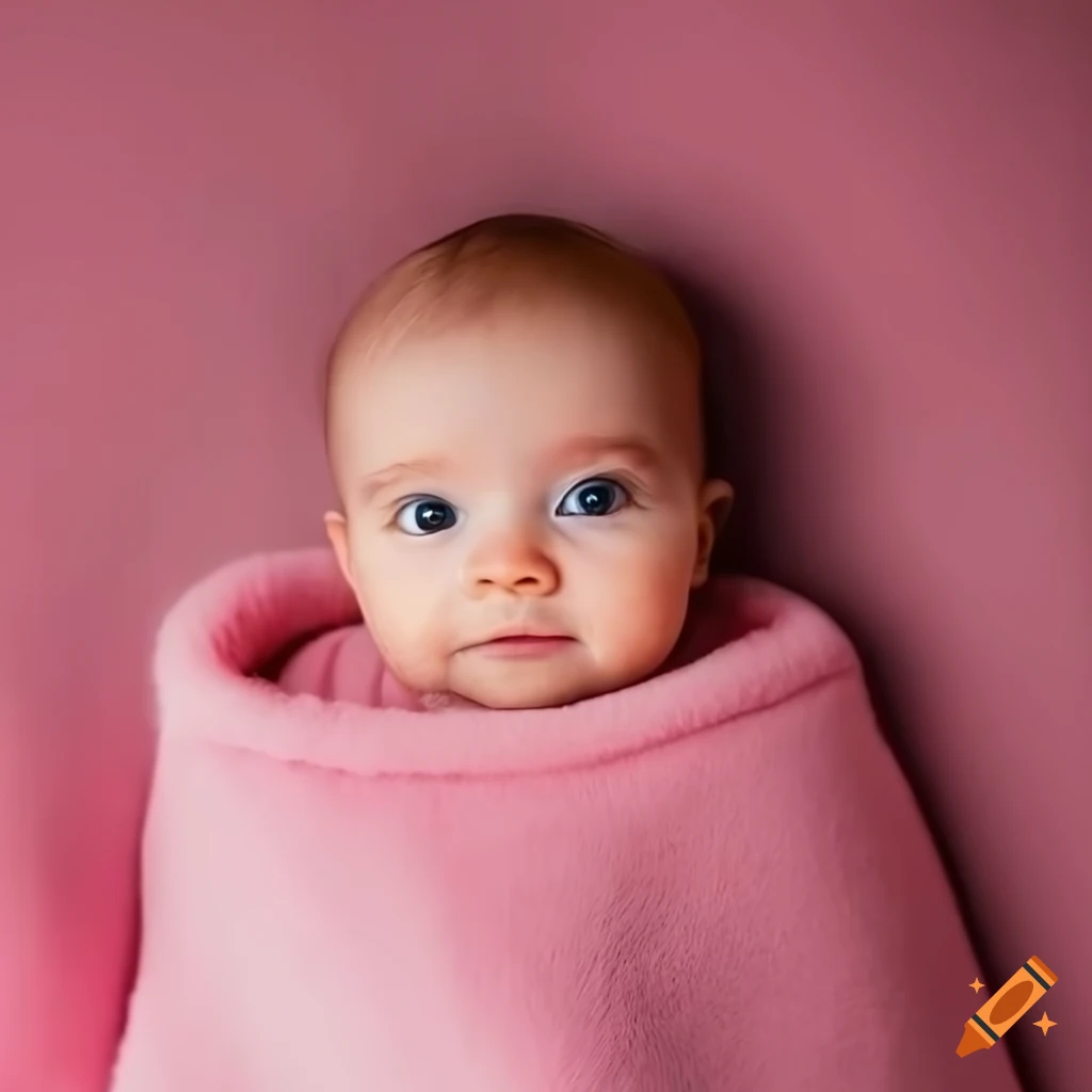 Fluffy cute baby holding a pink blanket on Craiyon