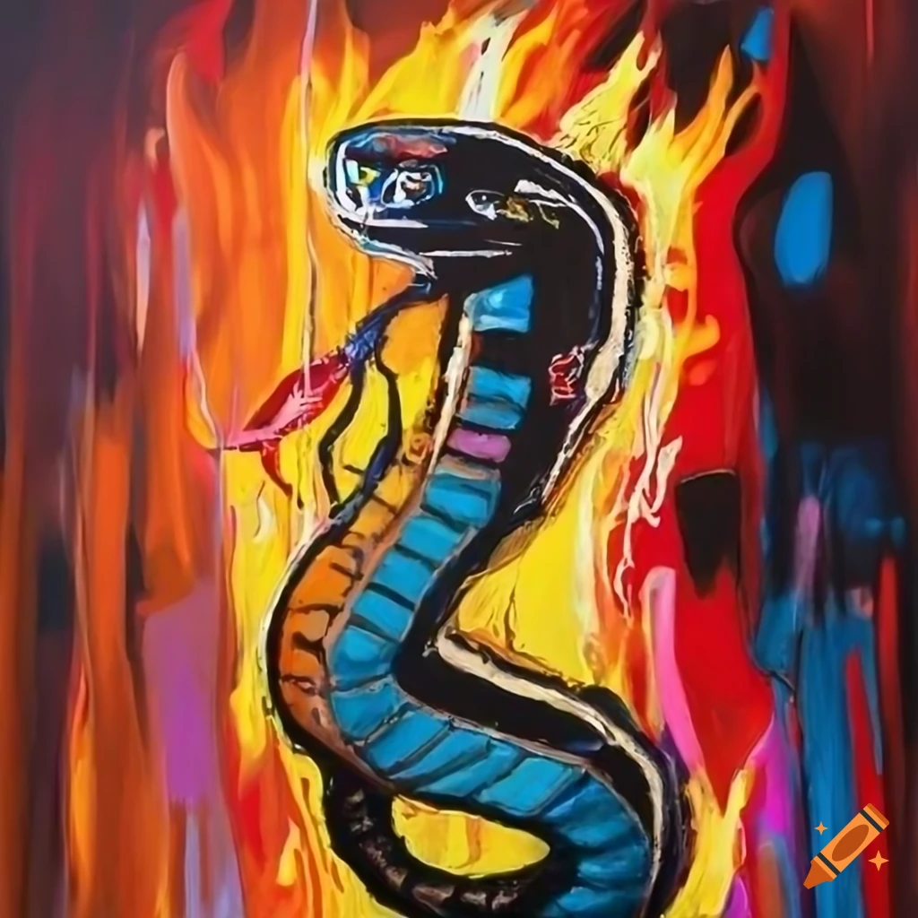 Abstract vibrant painting of a fiery snake in basquiat style on Craiyon