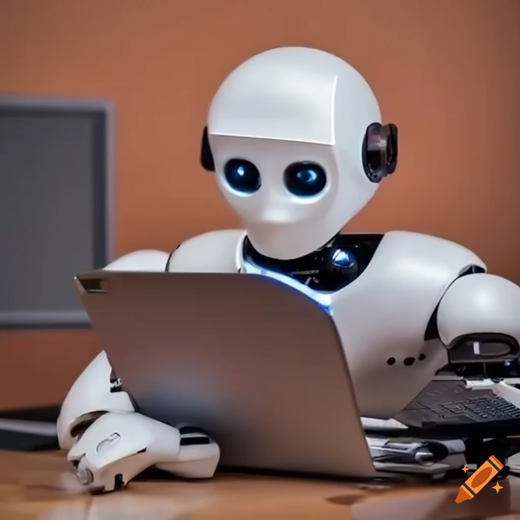Robot sitting at an office desk with a laptop on Craiyon