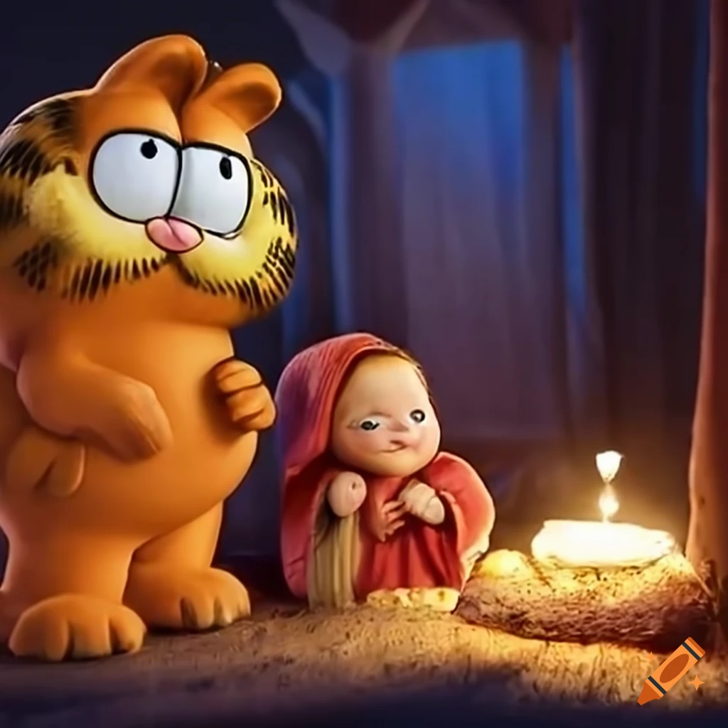 Satirical garfield replacing baby jesus in a nativity scene on Craiyon