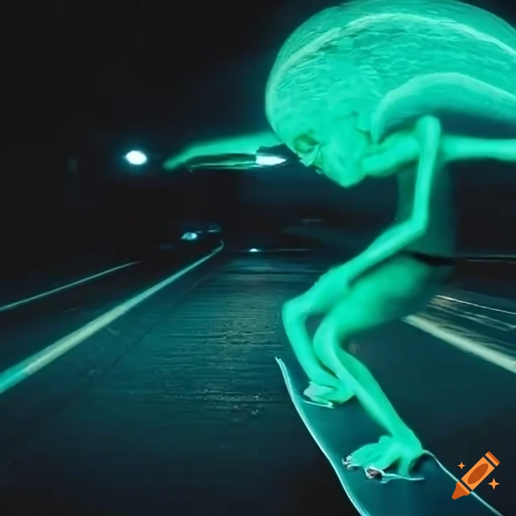 Fluorescent alien riding skateboard in surfing pose under city lights ...
