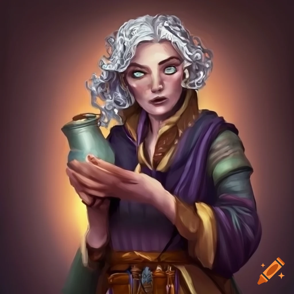 Female earth genasi potion merchant with grey hair in a shop on Craiyon