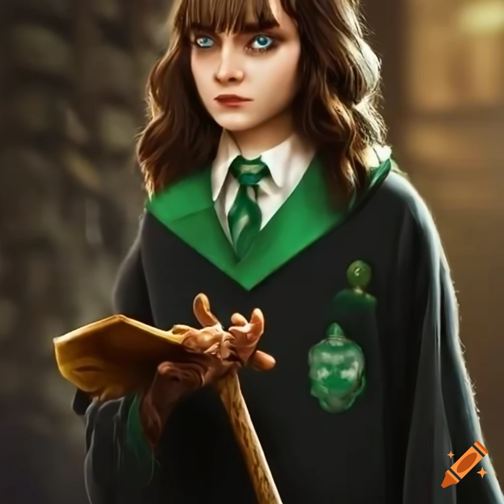 Slytherin student with wand in Hogwarts halls on Craiyon
