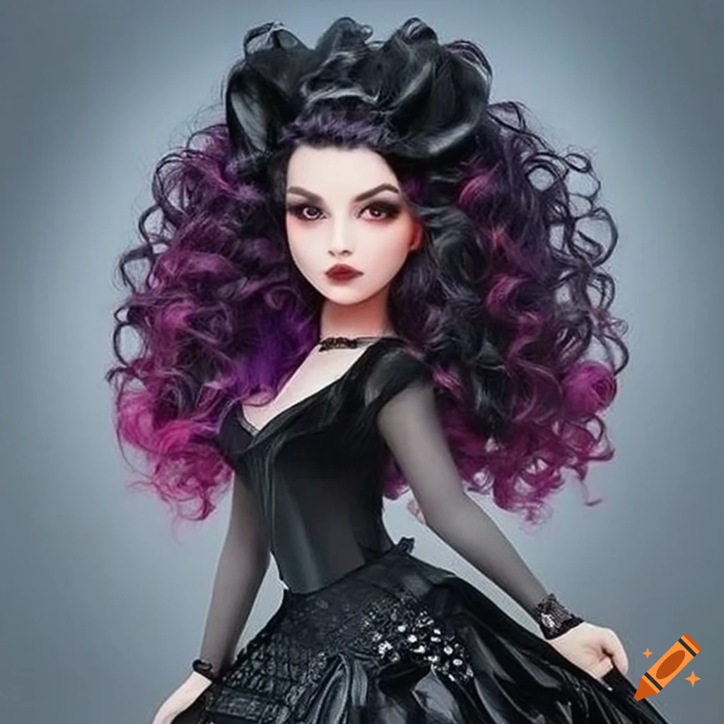 Curly dark-haired woman in goth-themed dress on Craiyon