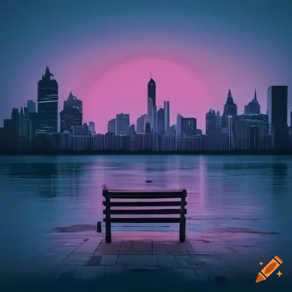 Lonely bench overlooking city skyline across a lake on Craiyon