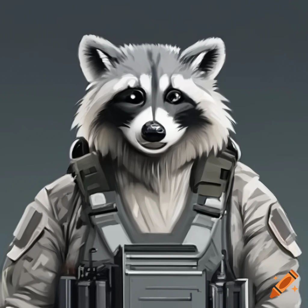 Portrait of a strong anthro raccoon in modern tactical body armor on ...