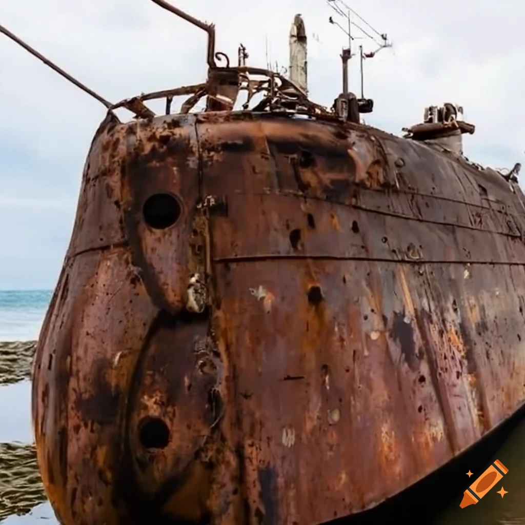 Rusty submarine in a dry sea on Craiyon