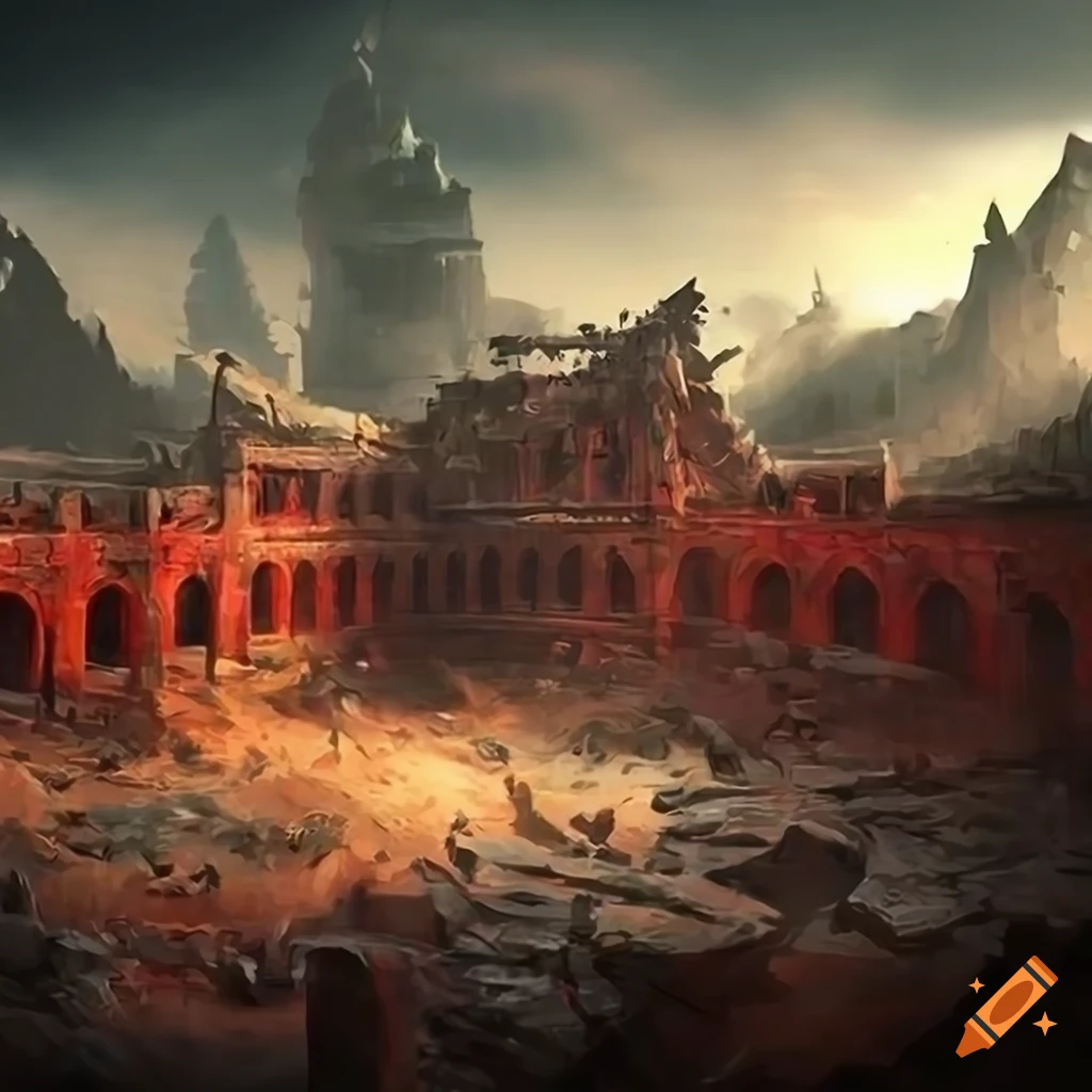 Fantasy post-apocalyptic gladiator arena with magic red barrier and ...