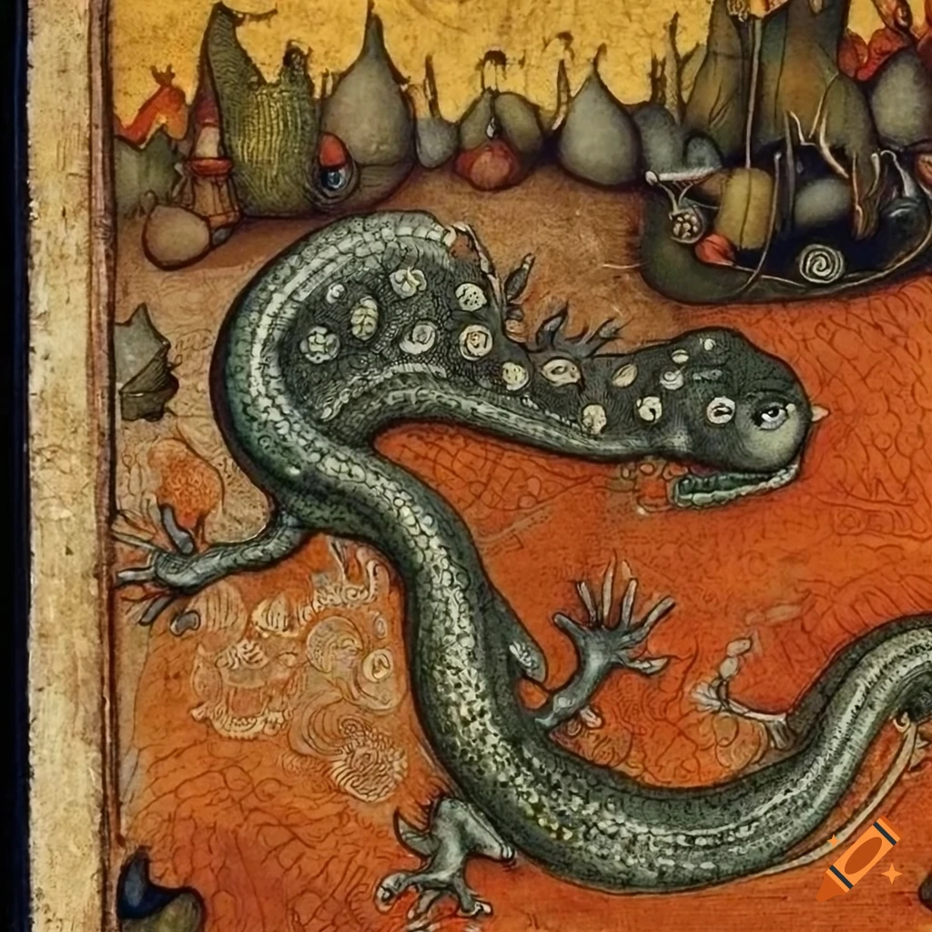 Intricately detailed mystical salamander in medieval art style on Craiyon
