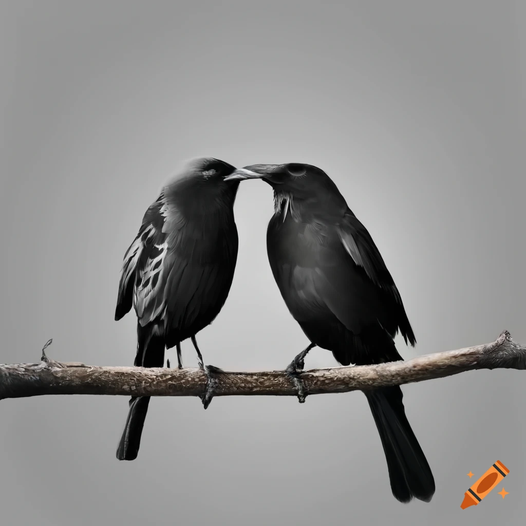 Two black birds facing each other on a branch on Craiyon