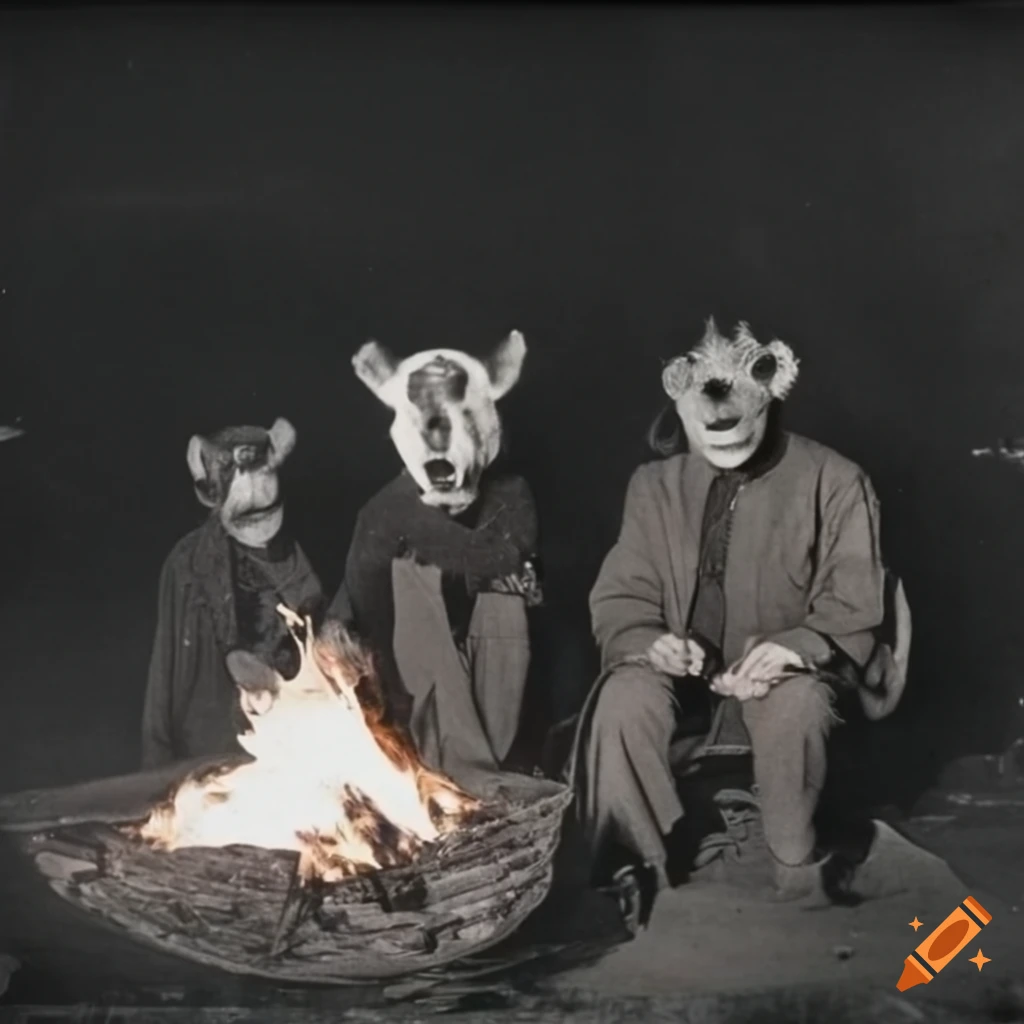 People in animal masks at a bonfire in a vintage photo on Craiyon