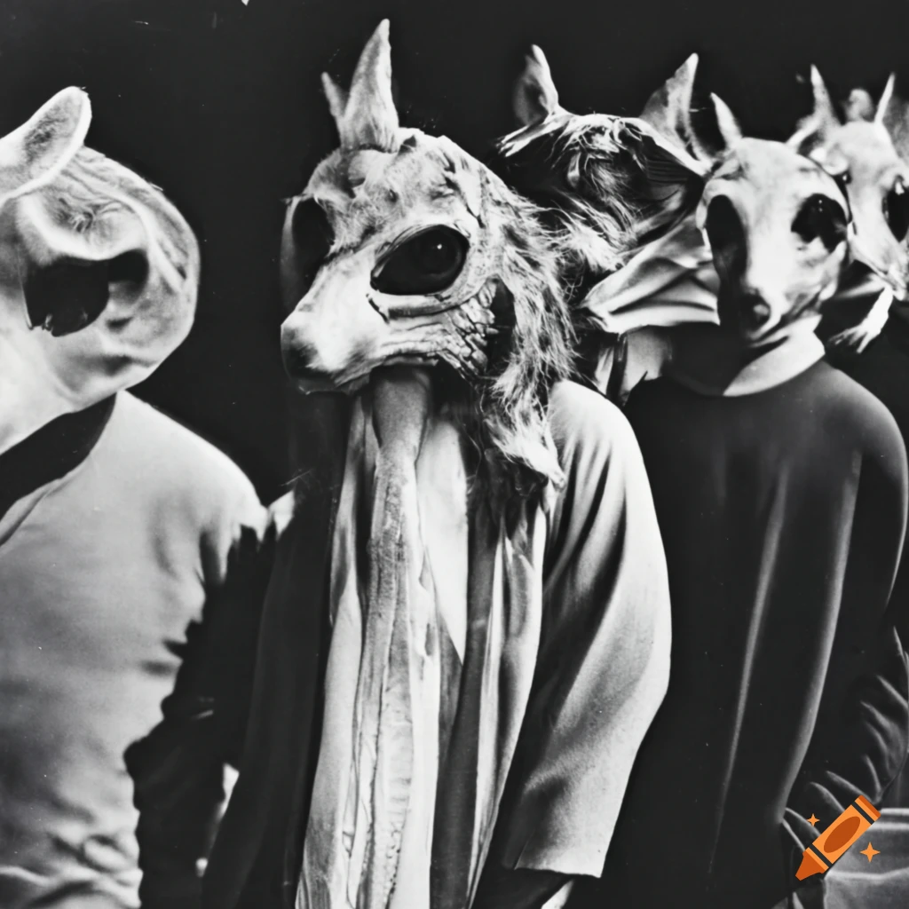 1970s lineup of people wearing animal masks in old photograph on Craiyon