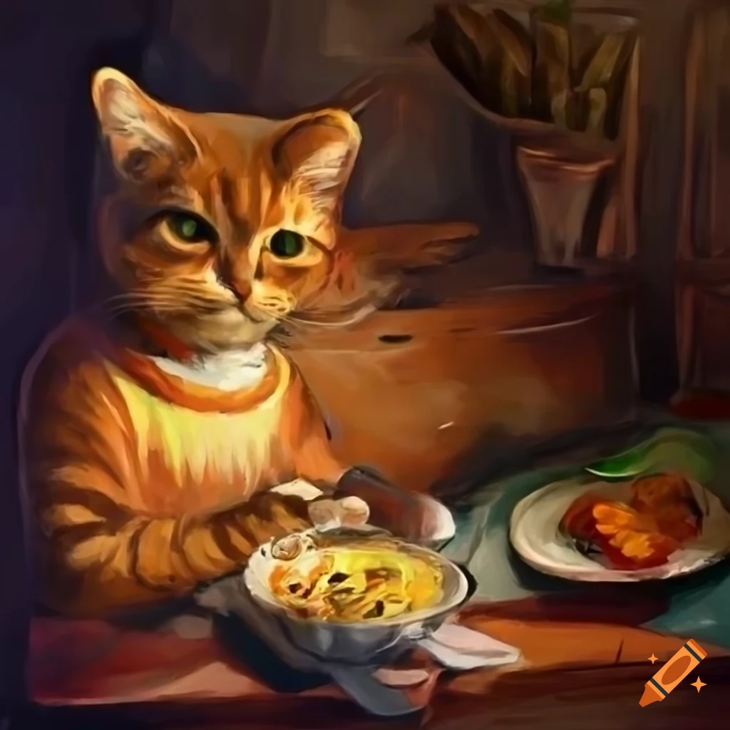 Painting of cats at a restaurant buffet on Craiyon