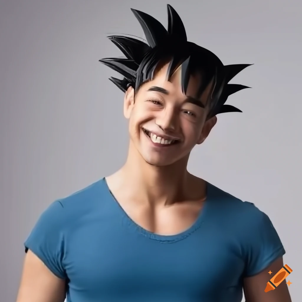 Man with Goku-inspired haircut smiling on light gray background on Craiyon
