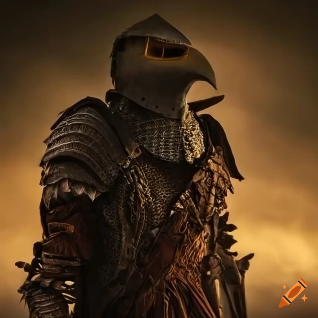 Knight in post-apocalyptic armor with a bird helmet on Craiyon