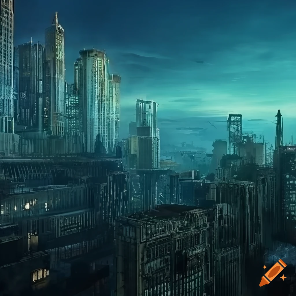 Cybernetic metropolis of the post-apocalyptic era with towering ...