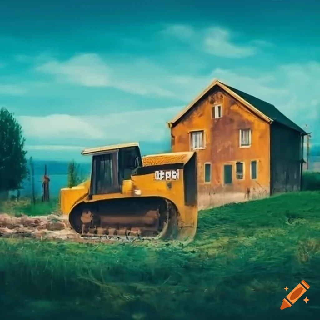 Bulldozer building a street in a rural landscape with farm house on Craiyon