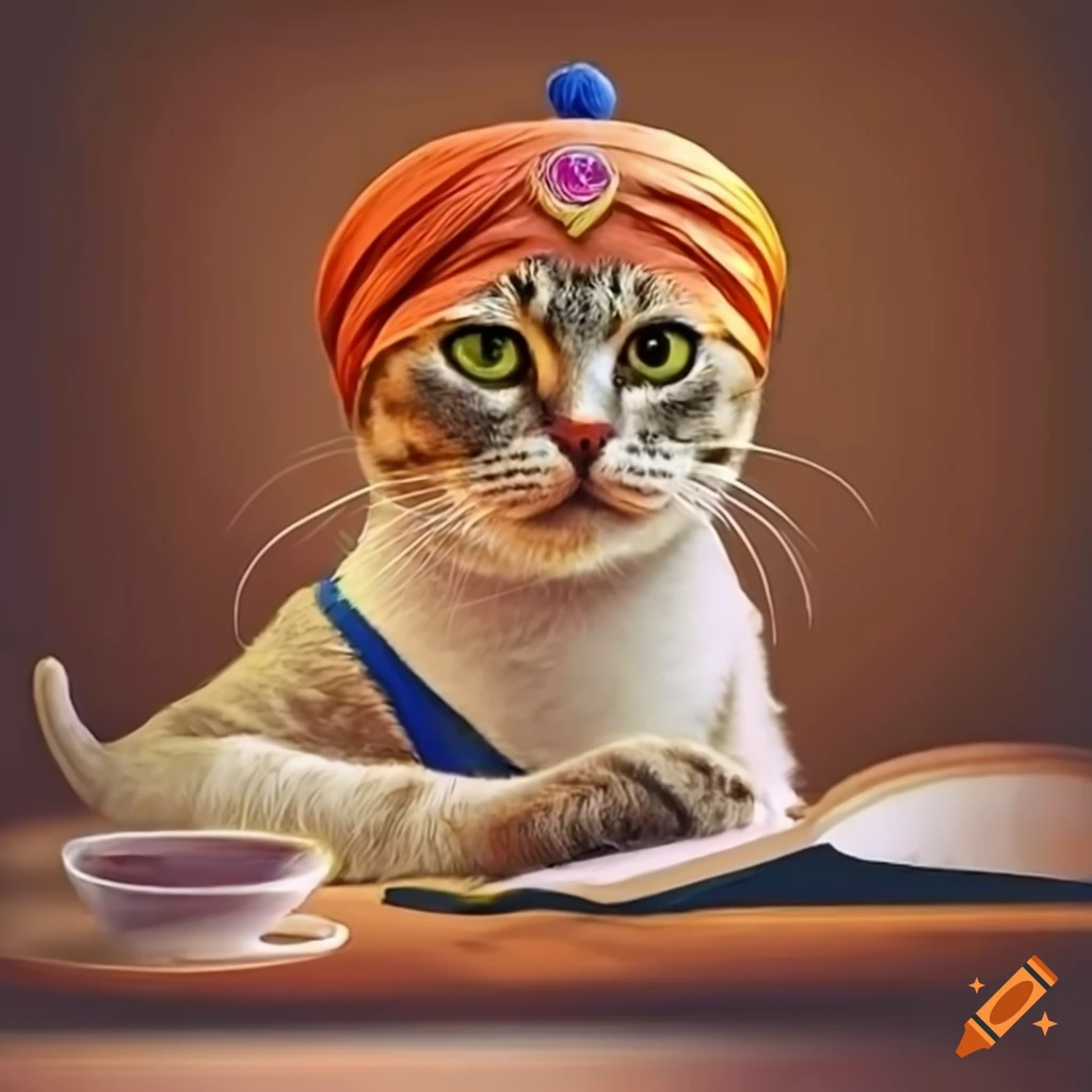 Sikh cat studying with tea on Craiyon