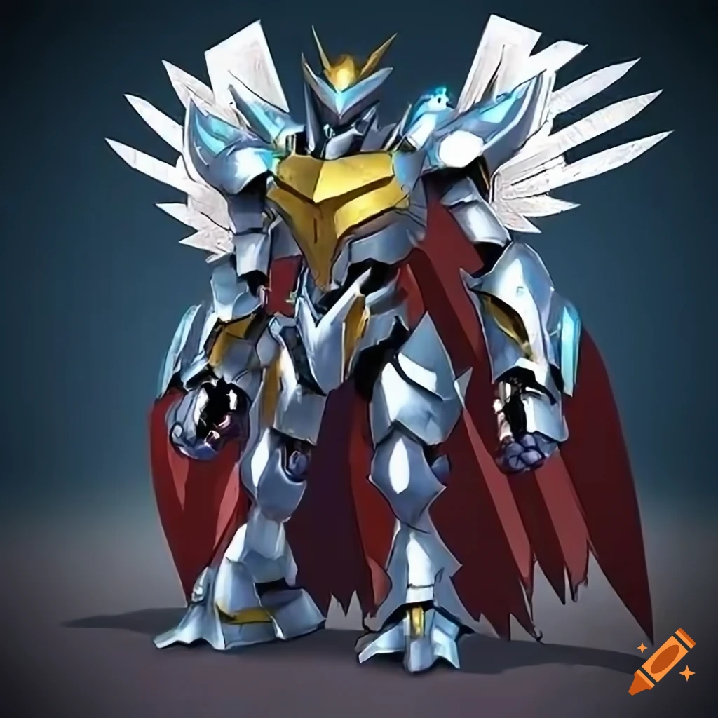 Mega-armored knight mecha inspired by digimon in an anime style on Craiyon
