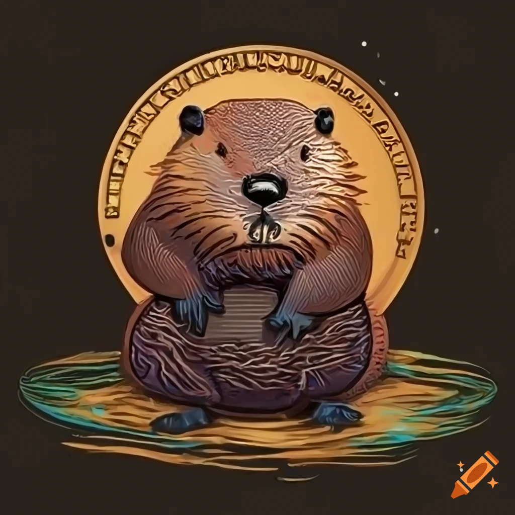 Illustration of a beaver next to a calm river on a coin on Craiyon