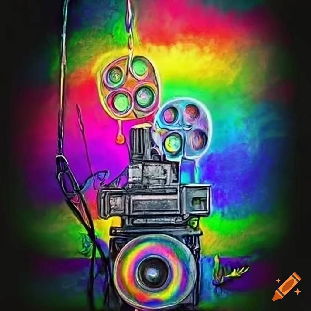 Old-fashioned movie camera with rainbow psychedelic effect on Craiyon