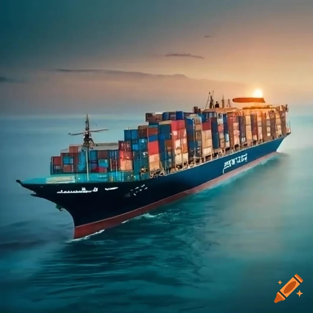 Large ship with containers at sea and a captain standing on the side on ...