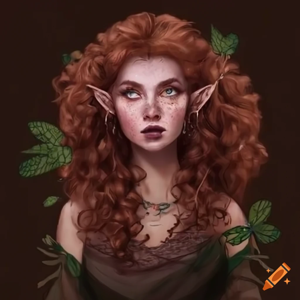 Female elf druid with butterflies and leaves in her hair, in an ...