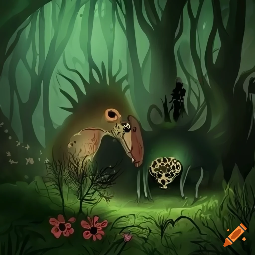 Surrealistic and whimsical animal cartoon in a dark strange forest with ...