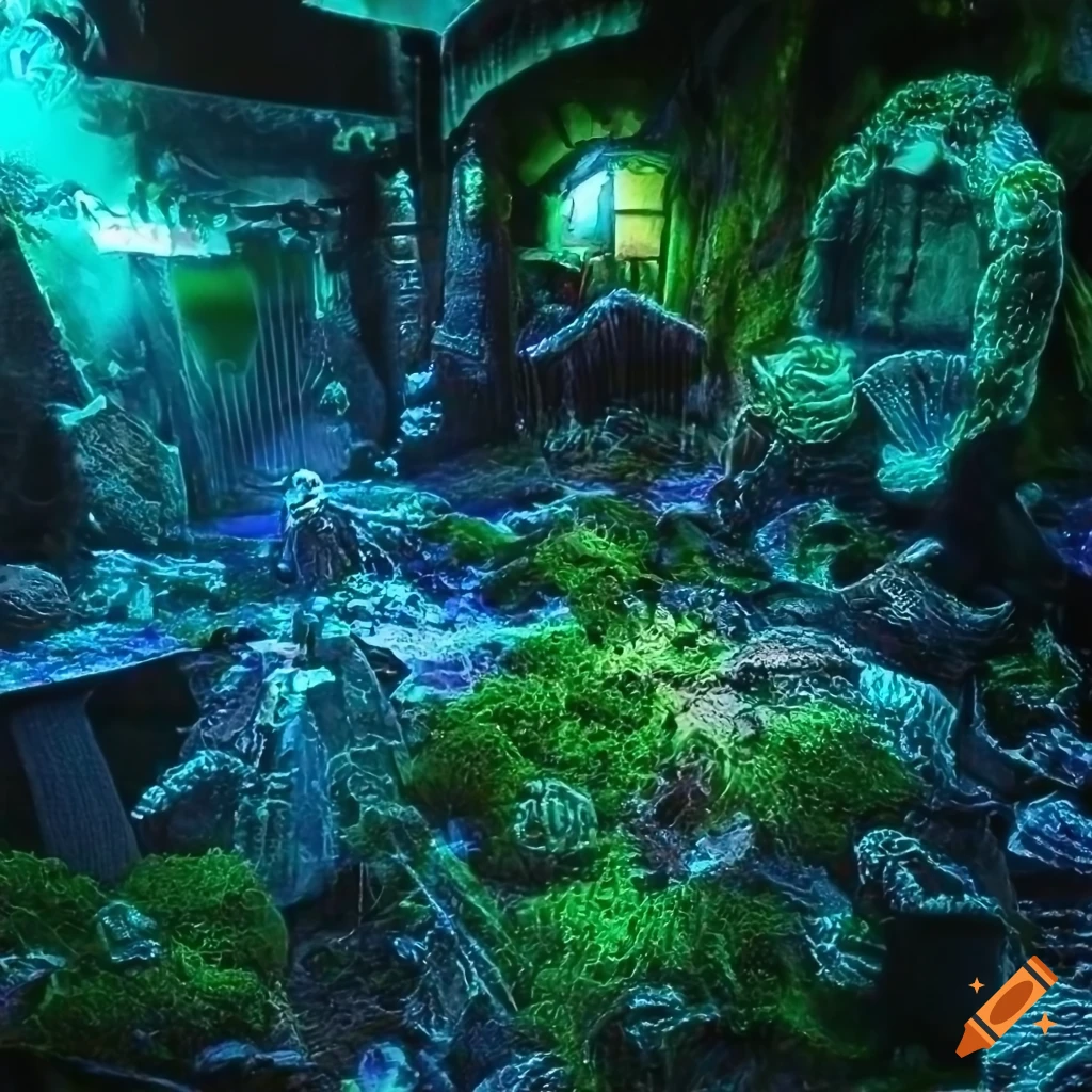 Glowing biopunk cityscape with green moss, plants, mushrooms, and ...