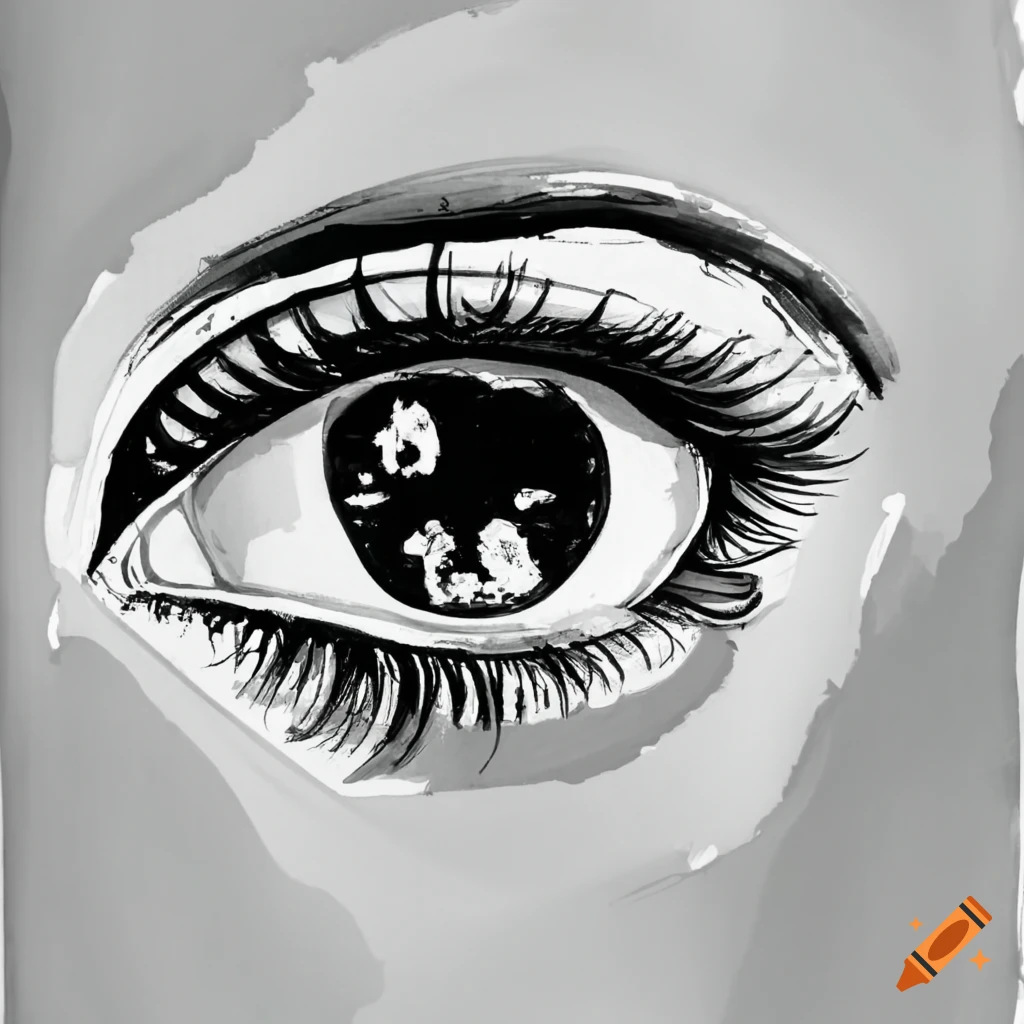 Close-up of a shocked eye in black and white ink on Craiyon