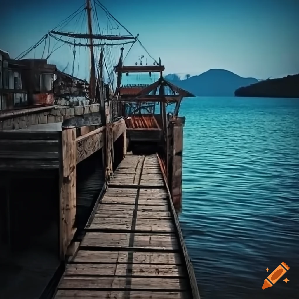 Japanese wooden port with european ship docked, using greyish and black ...