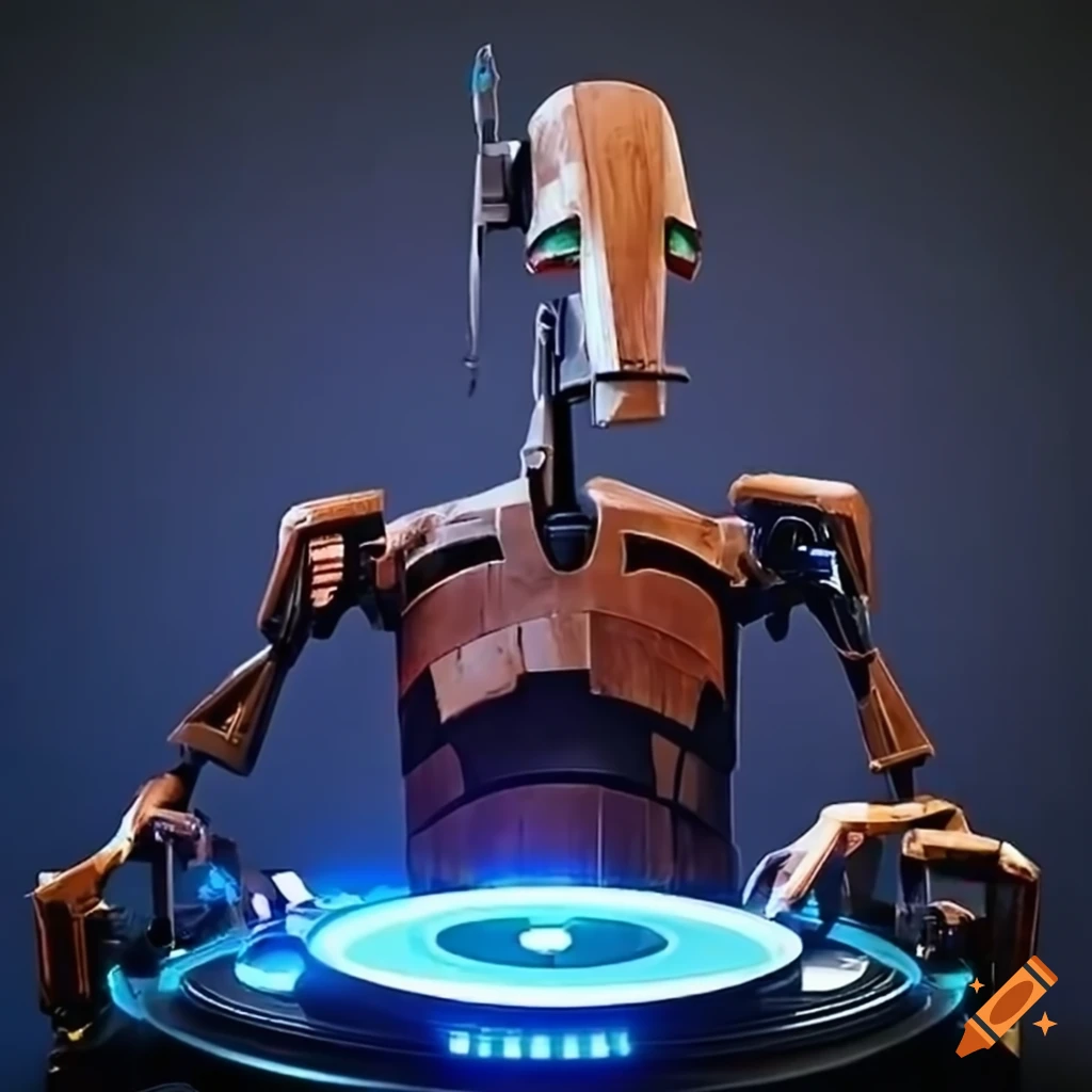 Star Wars battle droid DJing at a booth with turntables on Craiyon