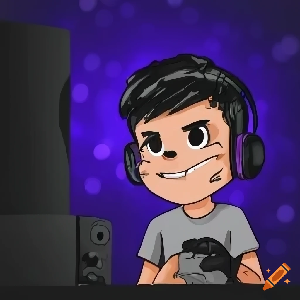 Cartoon gamer boy with gaming setup, black hair, wireless headphones on ...