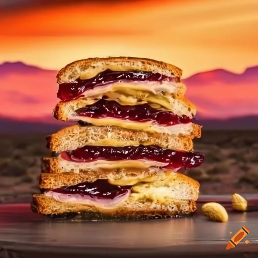 Peanut butter and jelly sandwich at sunset in the Arizona desert on Craiyon